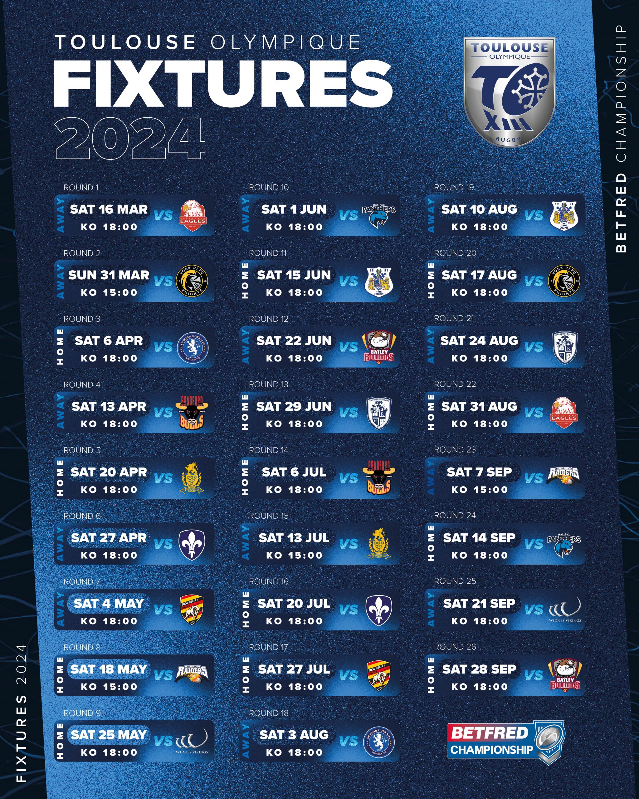 Championship : le calendrier saison 2024 du Toulouse Olympique XIII ...